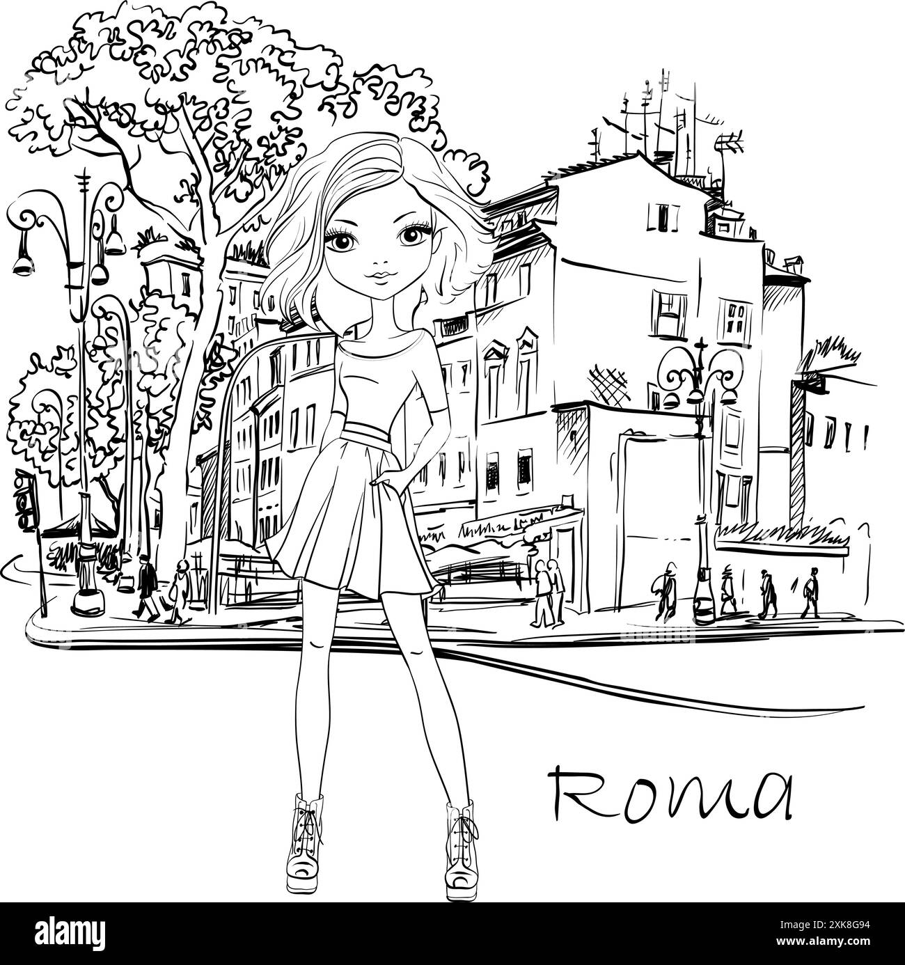 Vector Cute Girl On Typical Roman Street With Stone Pine Trees In Old City In Rome Italy Stock