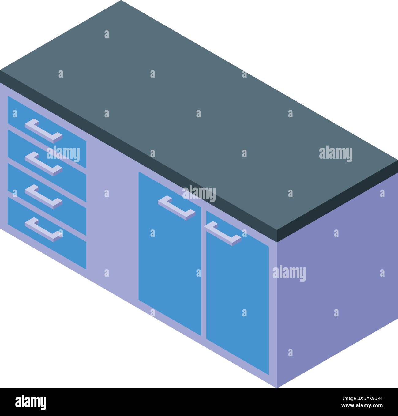 Isometric view of a modern kitchen cabinet showing drawers and doors ...