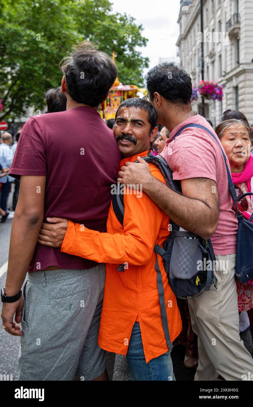 London, UK. 21st July, 2024. Three male followers of the Hare Krishna ...