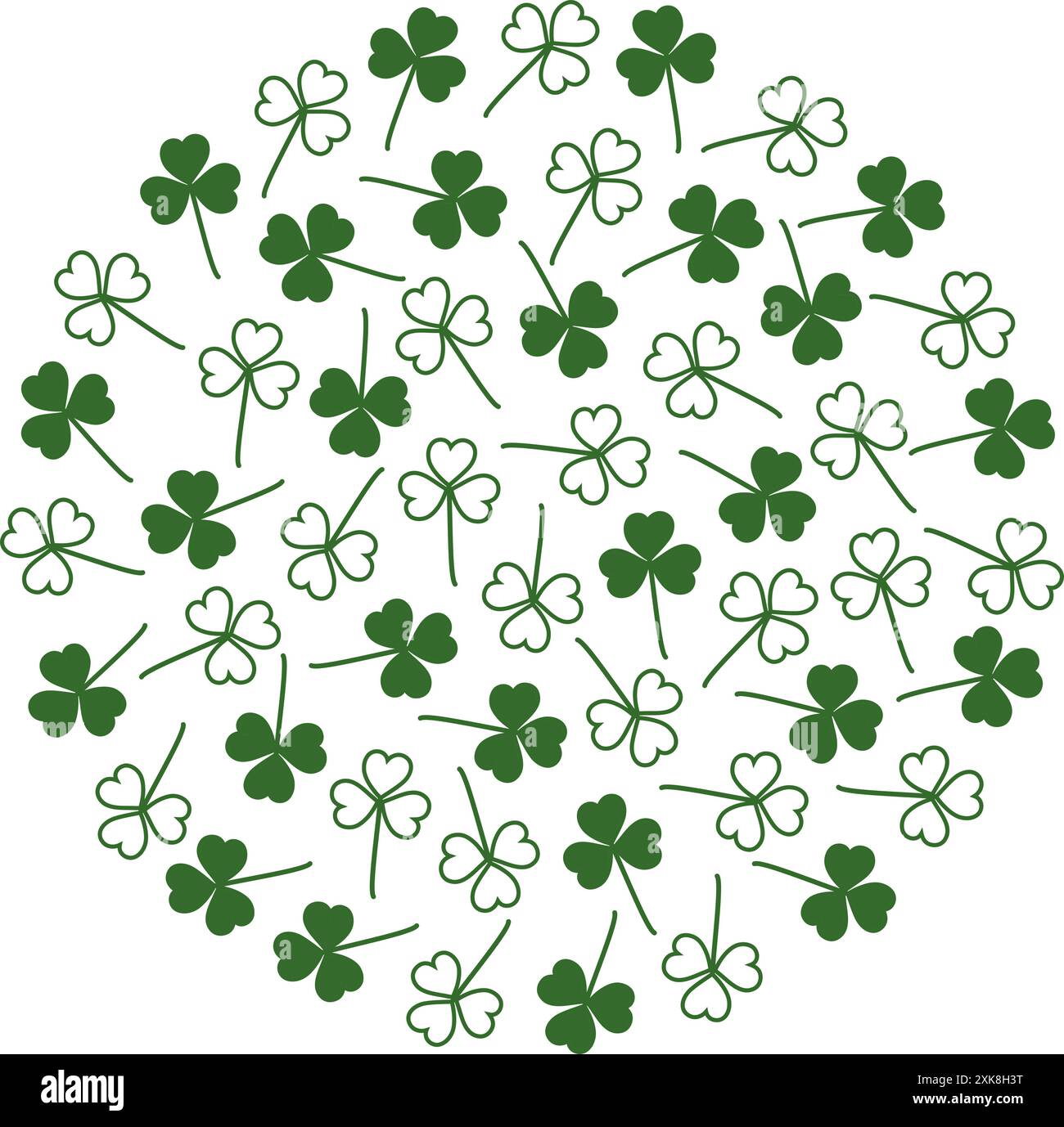 Silhouette and outline shamrocks in trendy green in circle shape. Round ...