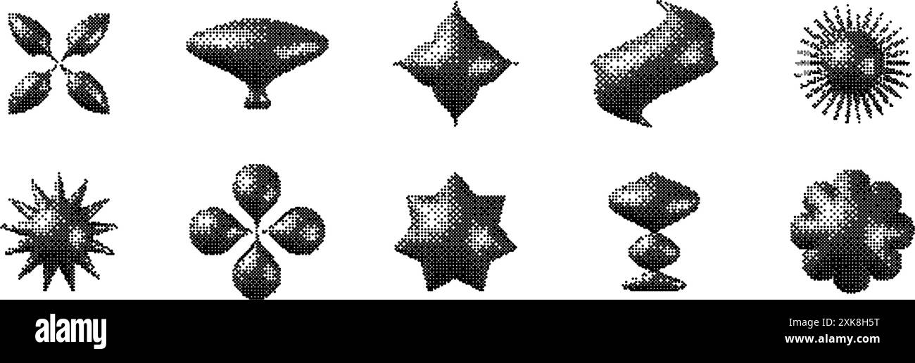 Pixelated 3d Y2K shape set. Bitmap stars, flowers, sparkles, waves ...