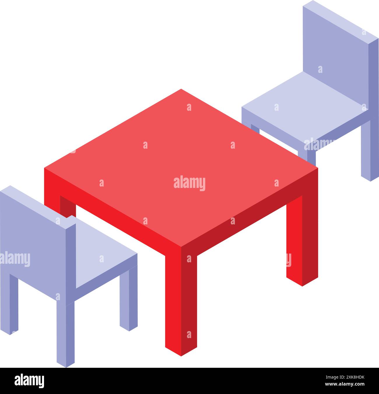 Red square table and two chairs standing on white background, isometric ...