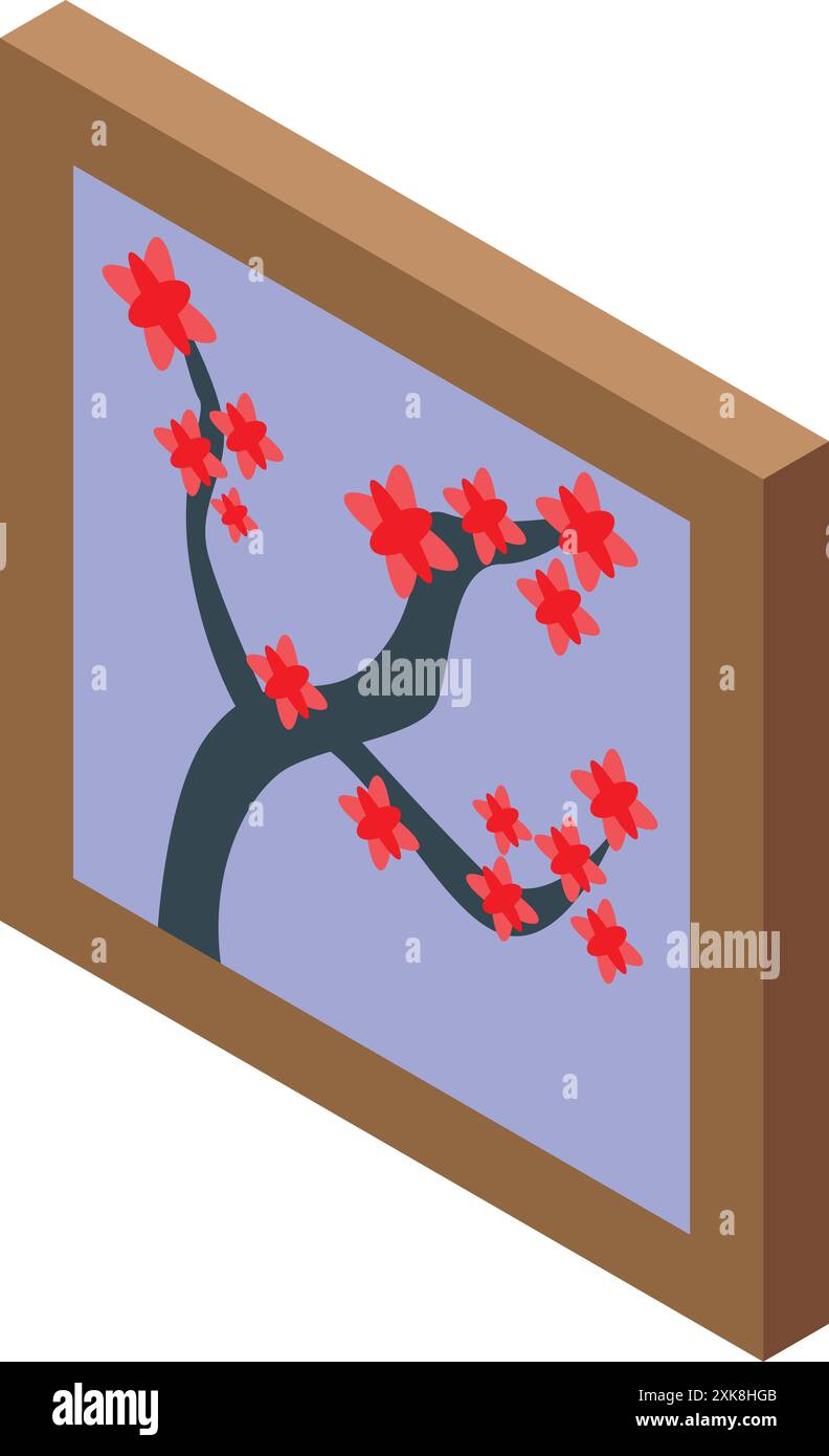 Wooden frame with blooming sakura branch is hanging on the wall ...