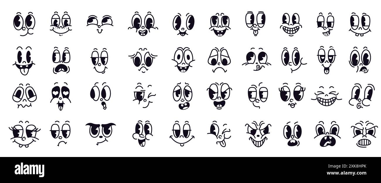 Vintage cartoon faces icon set on white background. Thin line vector ...