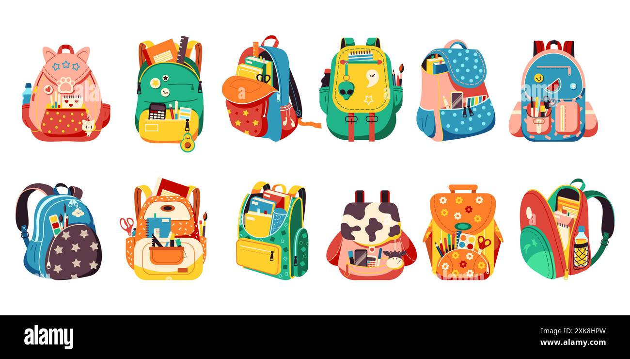 Flat design student backpacks collection on white background. Line ...