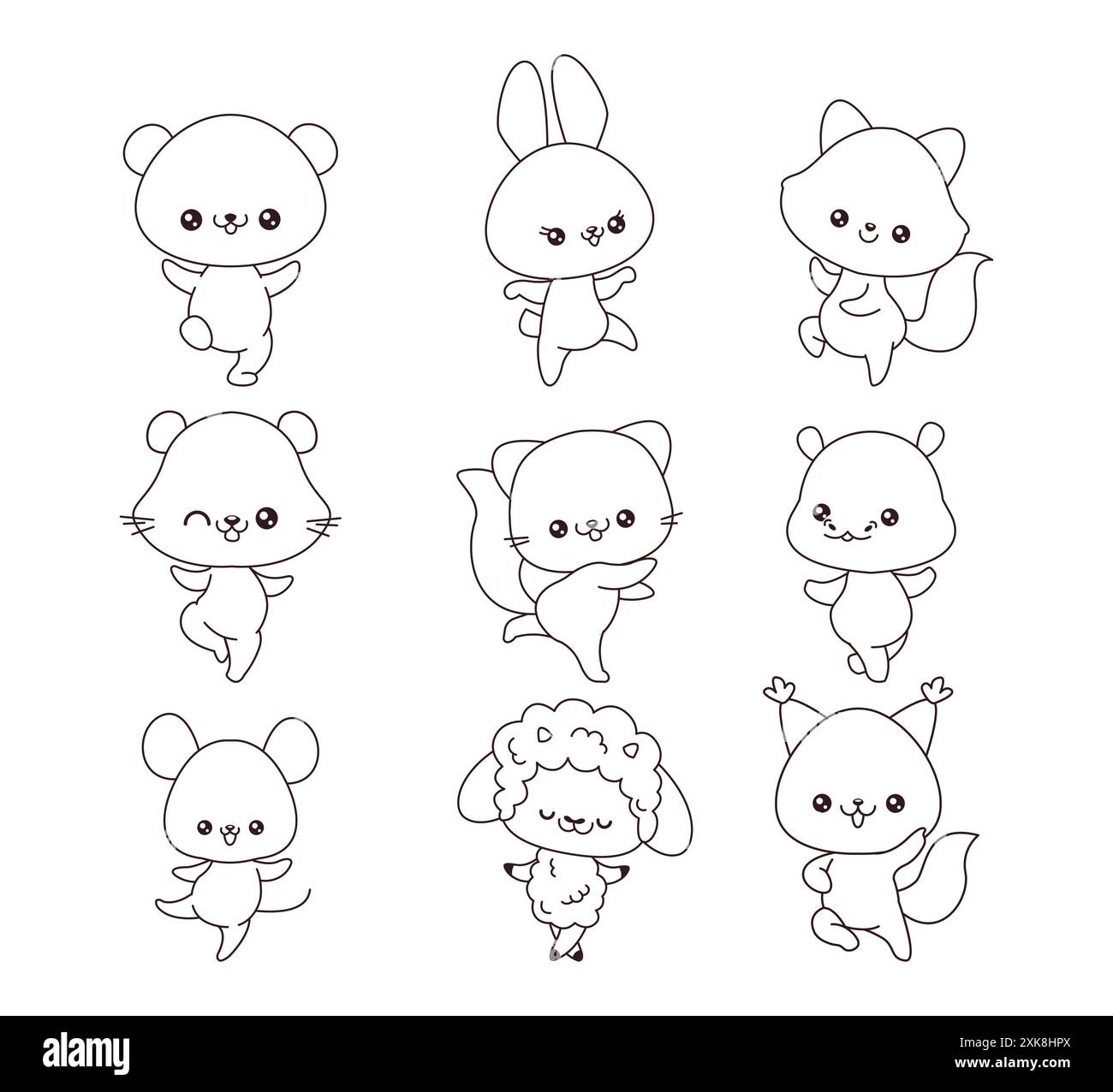Cute dancing small animals line cartoon illustration set. Kawaii happy ...