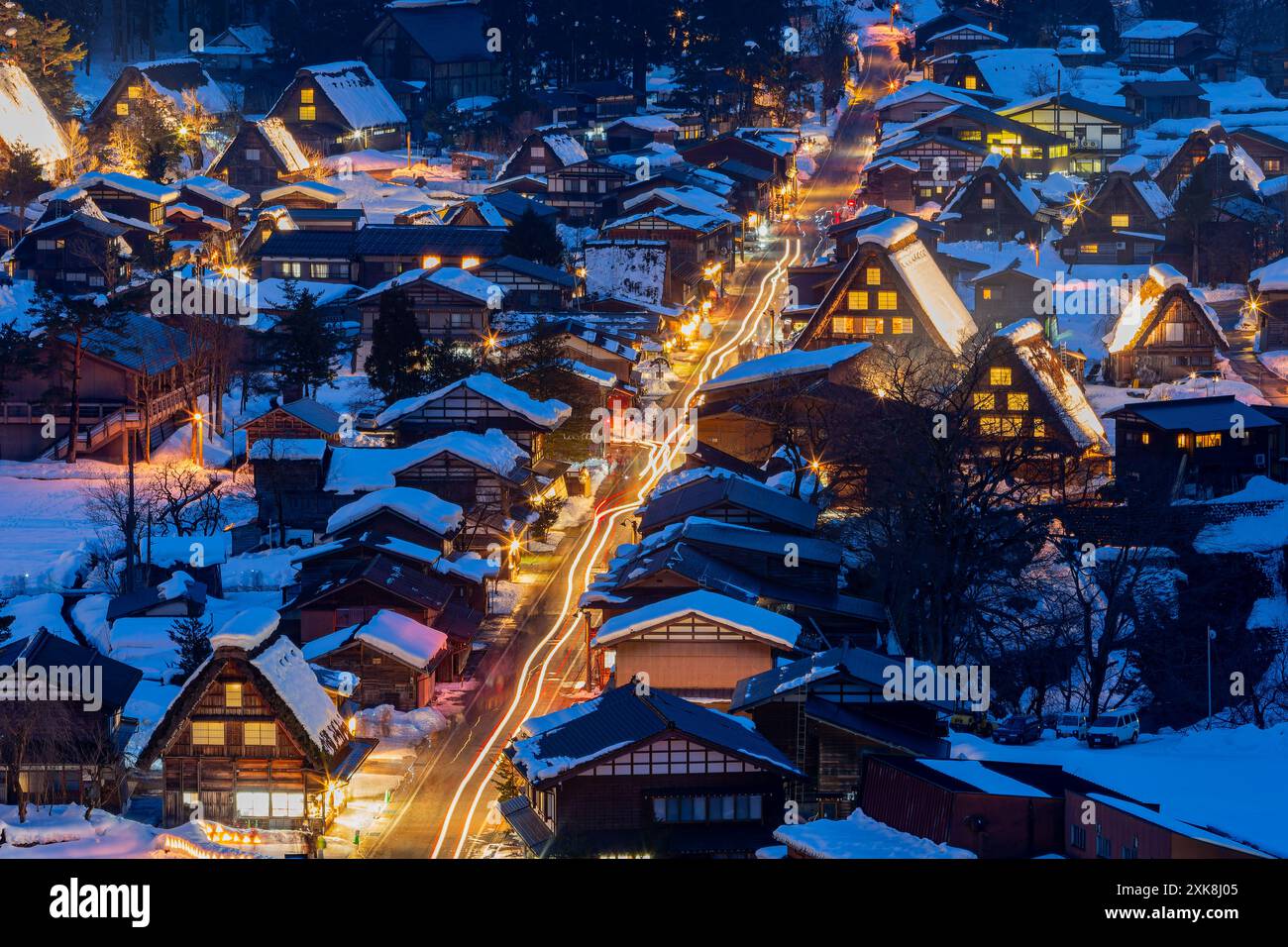 High angle twilight view of the landscape from Ogimachi Castle ...