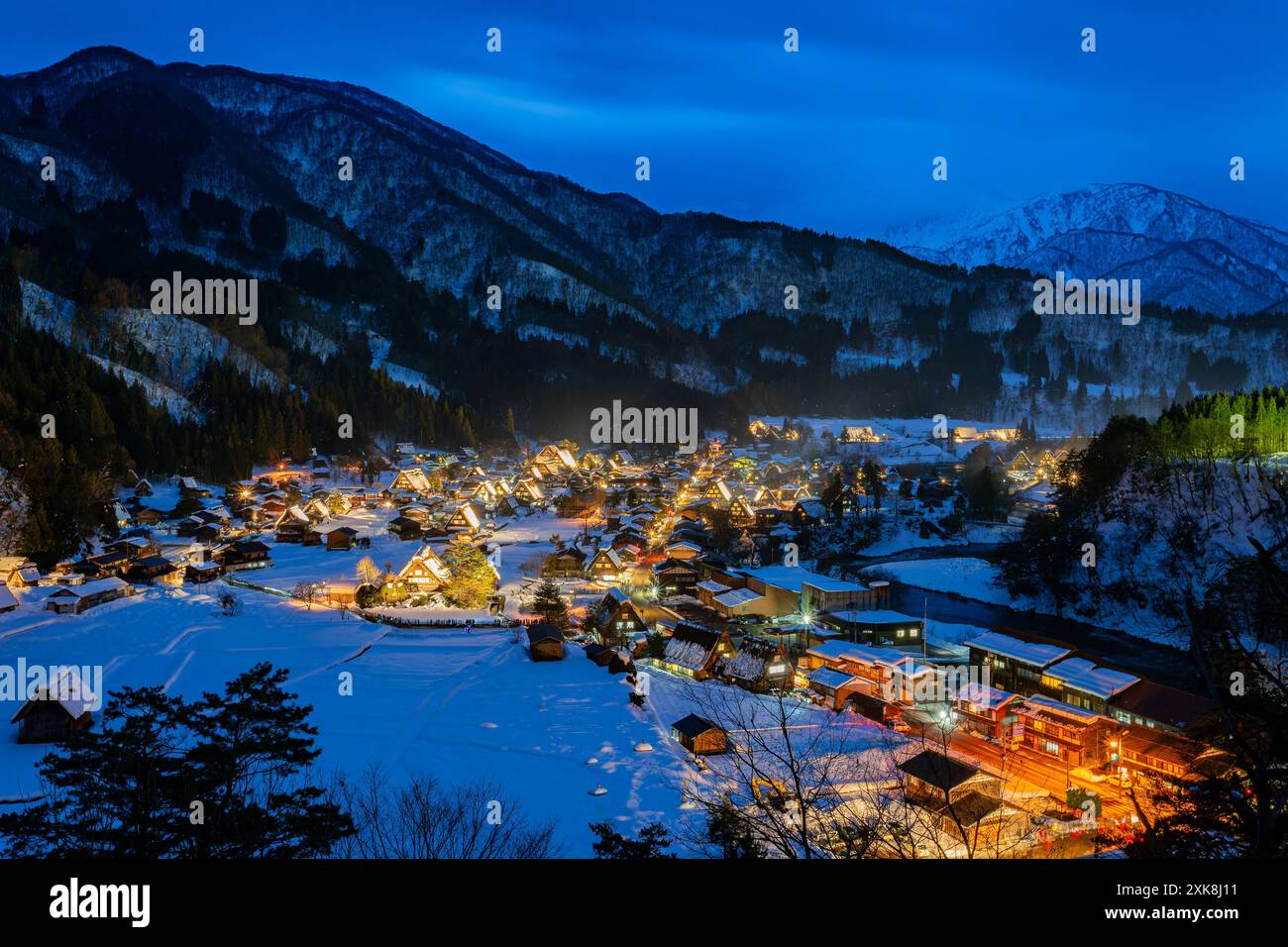 High angle twilight view of the landscape from Ogimachi Castle ...