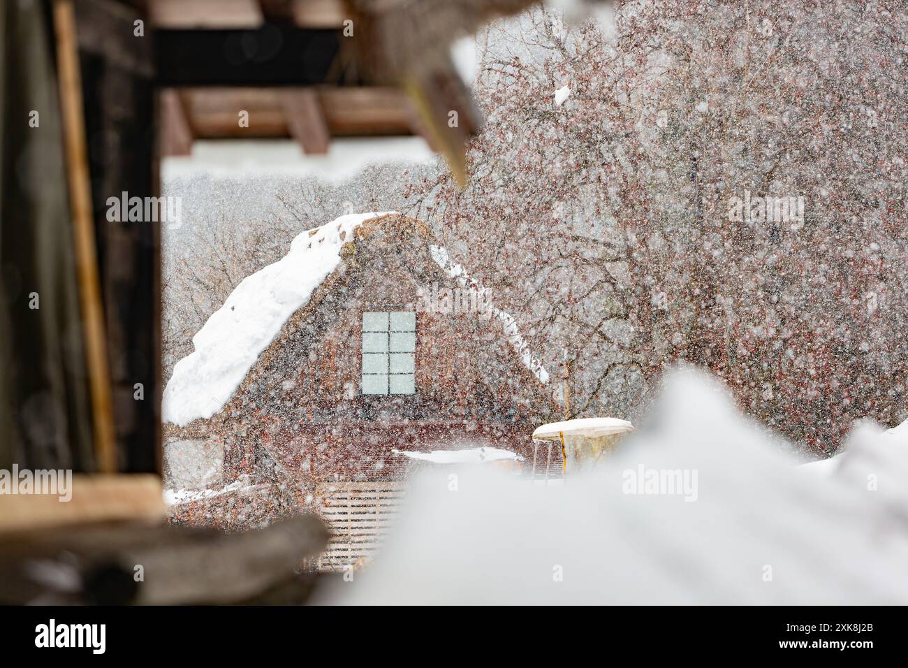 Daytime snowy landscape of the famous Gassho Zukuri Folk Village at ...