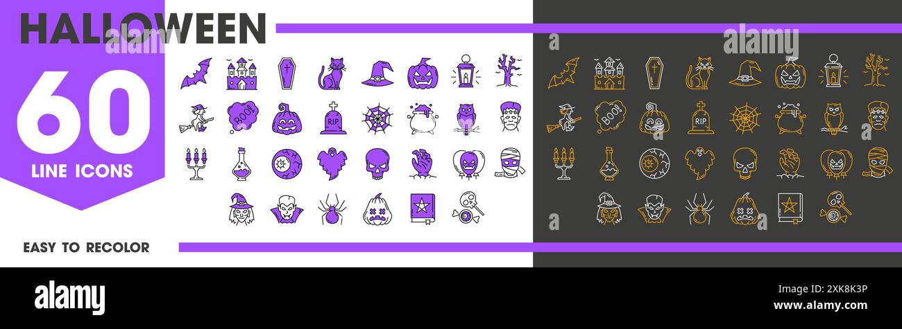 Halloween line icons of horror night holiday with monsters and pumpkins ...
