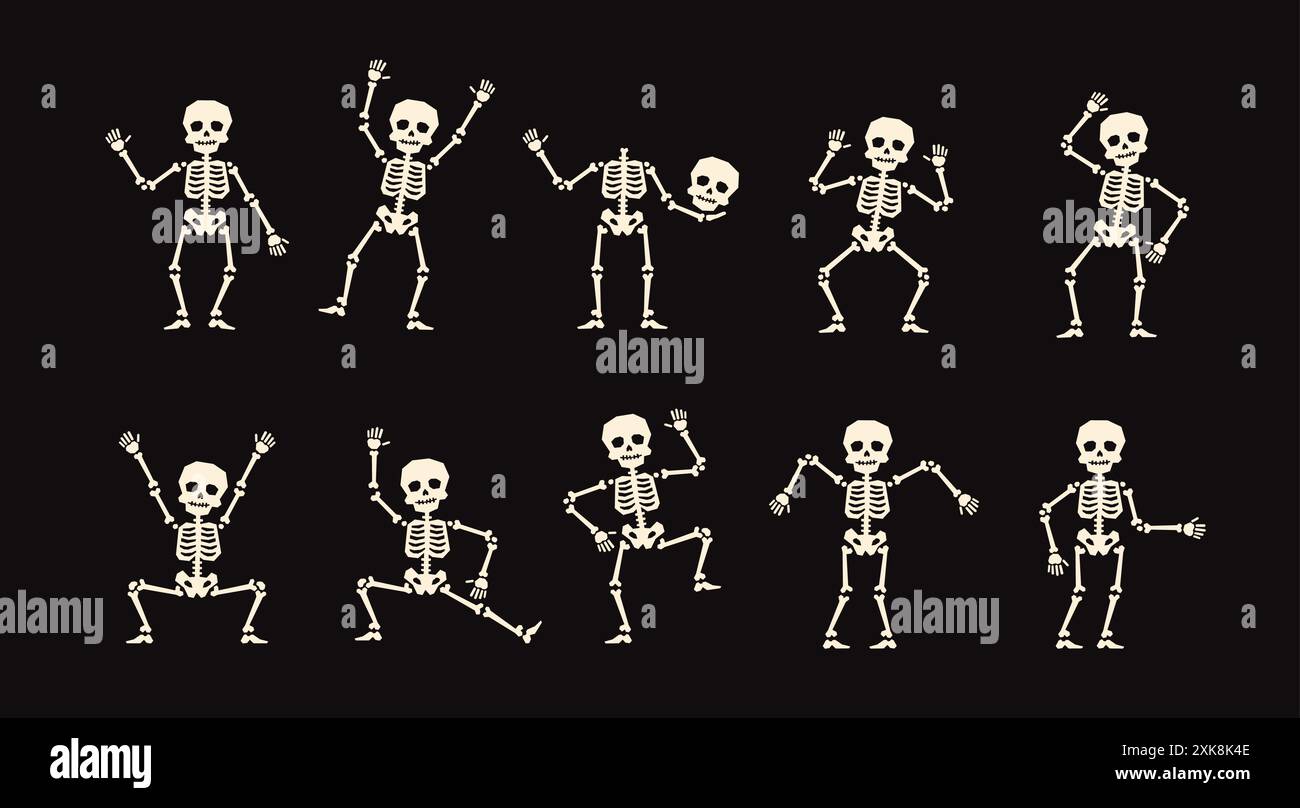 Skeleton dance. Dancing Halloween skeleton characters groove in eerie ...