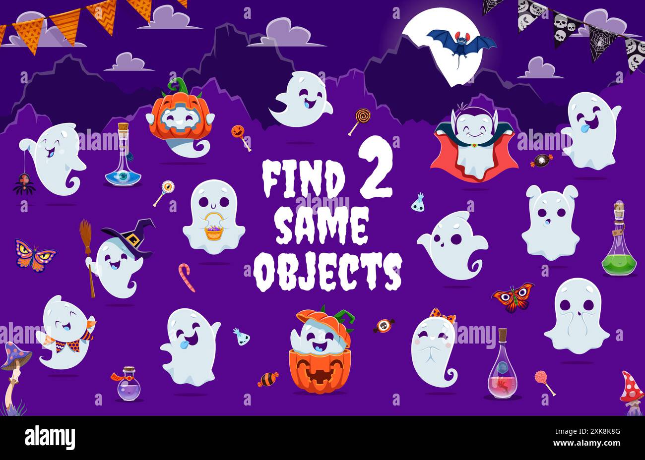 Halloween kids game, find two same kawaii ghost characters. Details ...