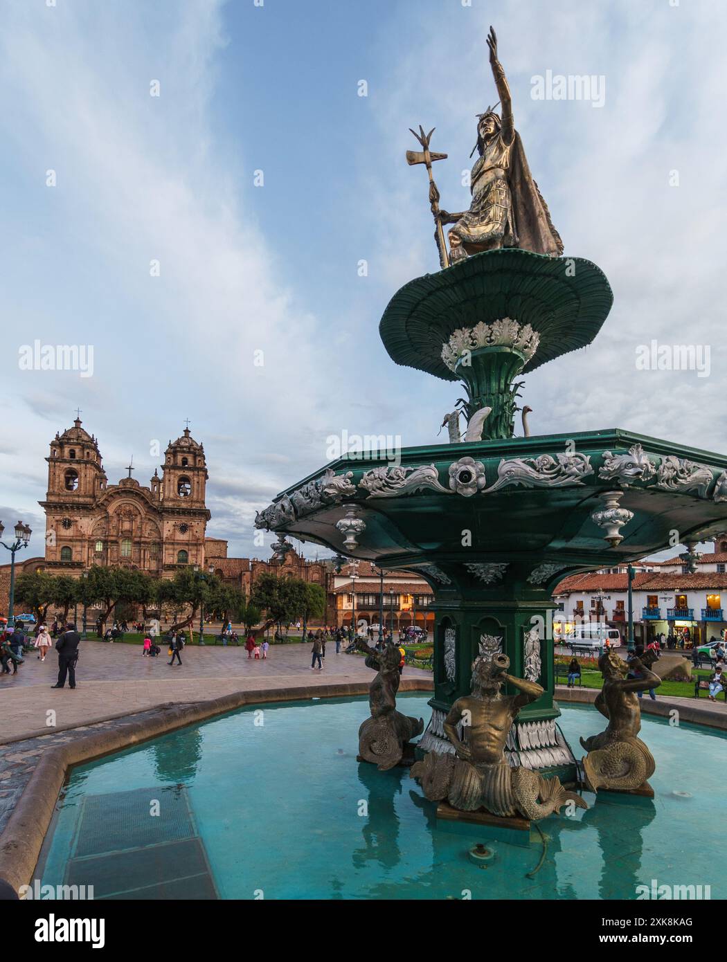 Cusco, Peru: Inco emperor topped fountain in the middle of the plaza de ...