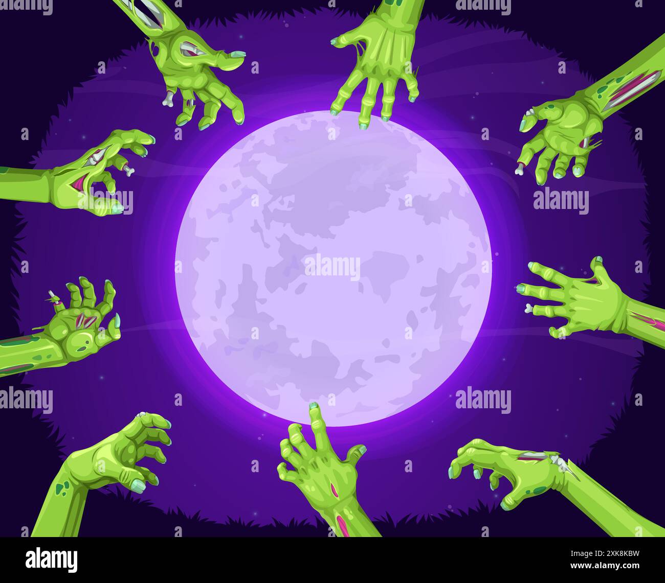 Halloween midnight moon and zombie hands reaching out from grave to ...