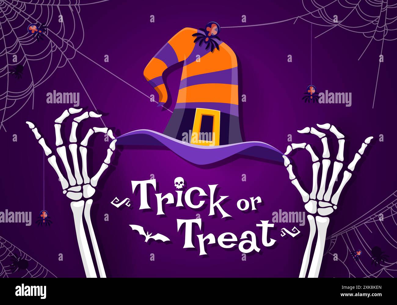 Trick or treat banner with skeleton hands and witch hat. Vector bony ...