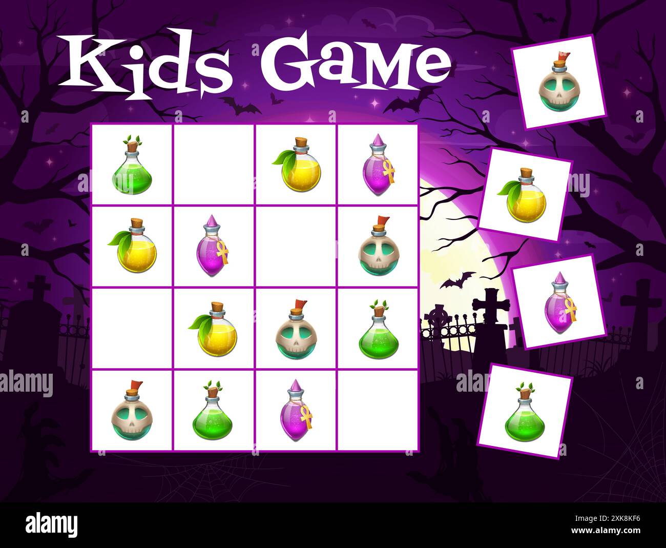 Halloween kids sudoku game with magic potion bottles, vector puzzle ...