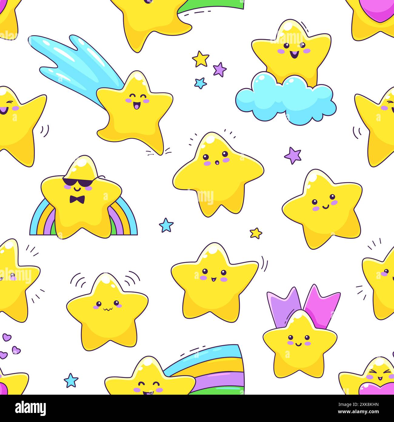 cartoon cute funny kawaii stars and twinkle characters seamless pattern ...