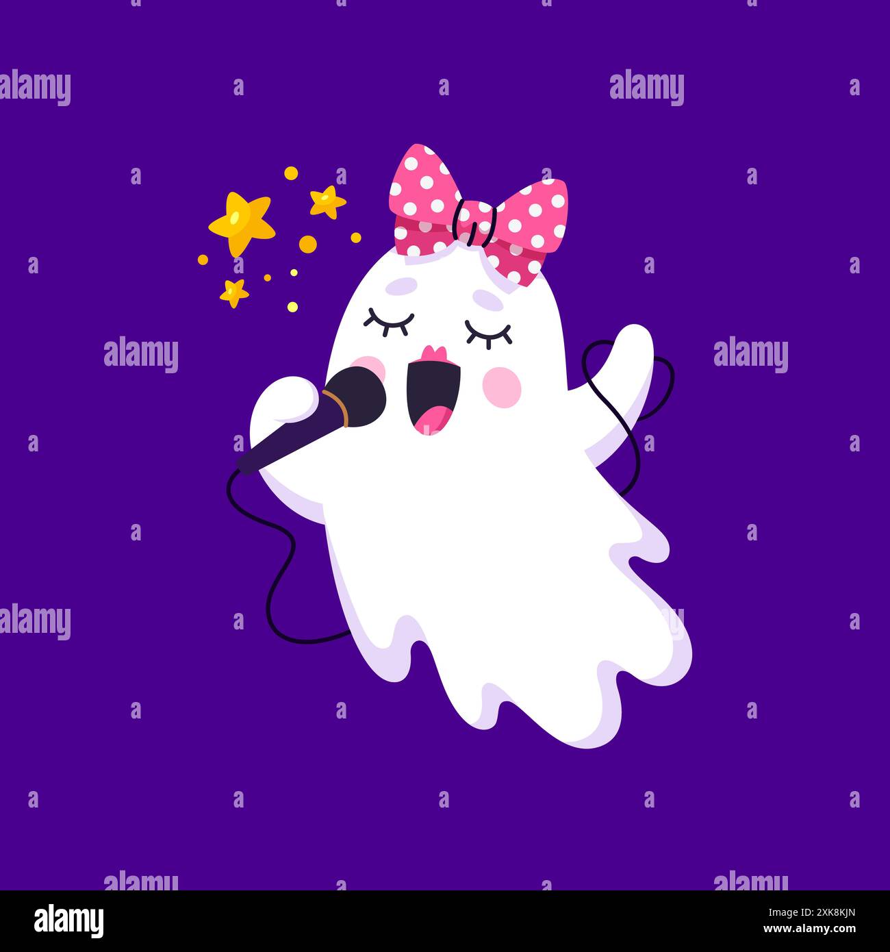 Funny cartoon Halloween kawaii ghost character singing with microphone ...