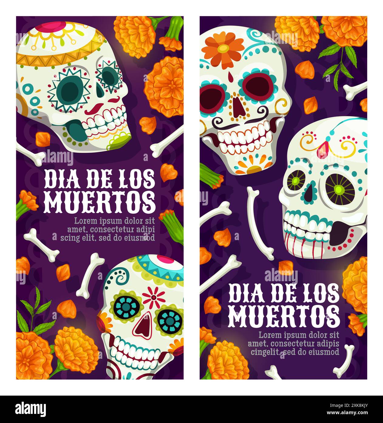 Calavera sugar skulls and marigold flowers, day of the dead mexican holiday banners. Vector dia ...
