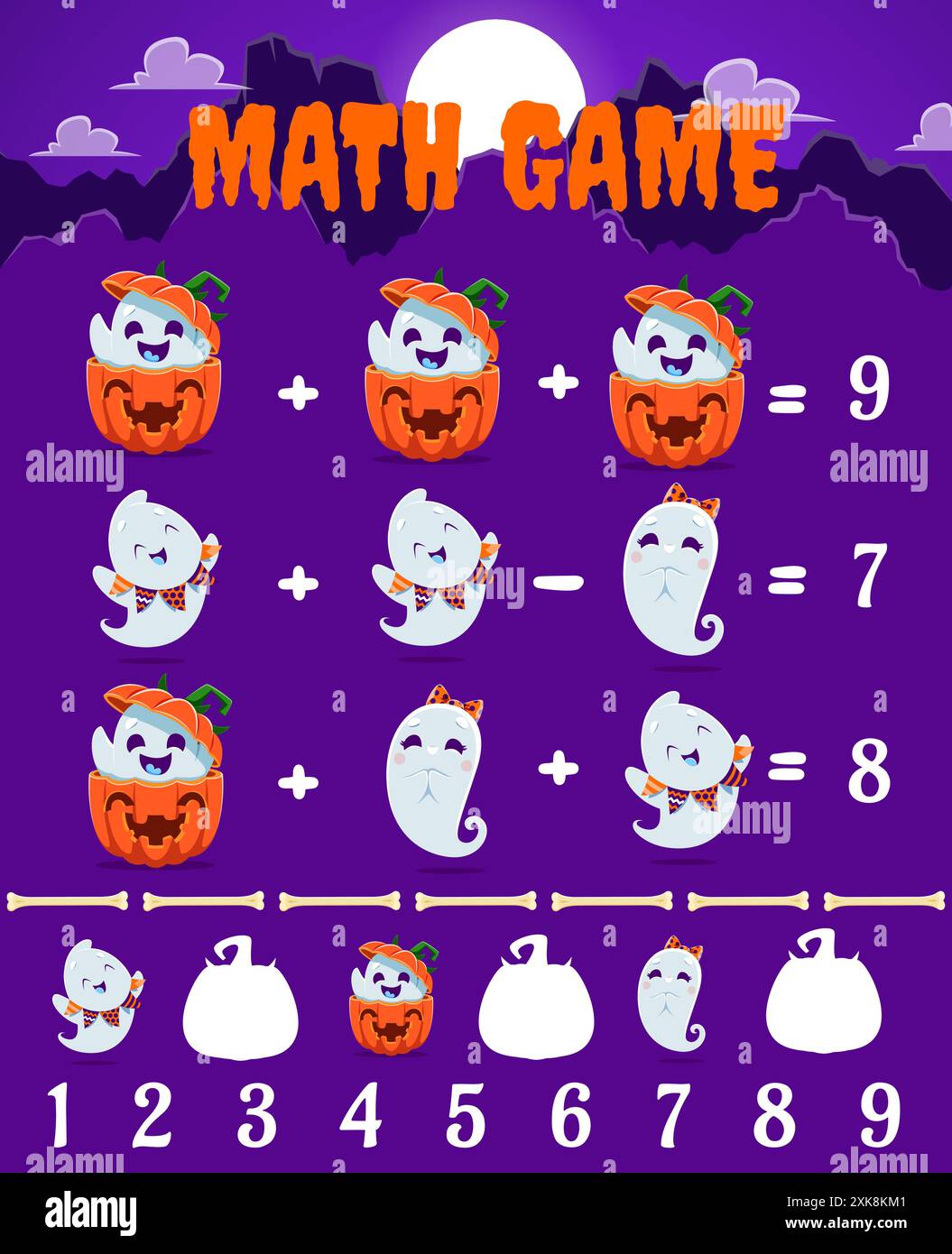 Halloween math game worksheet with cute kawaii ghosts, vector education ...