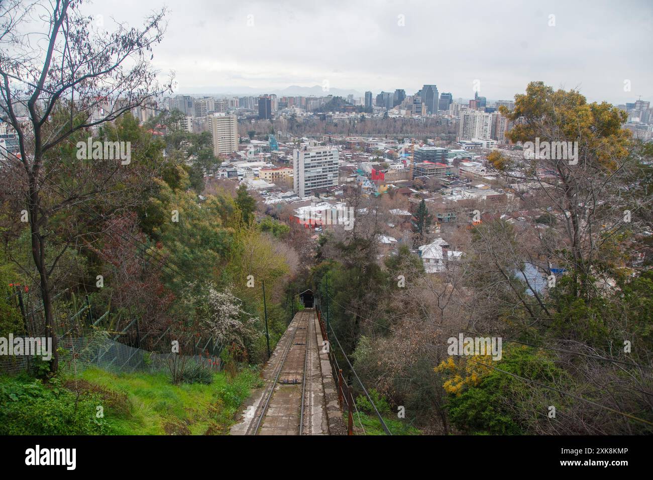 The historic cerro de san cristobal funicular climbing uphill, Santiago ...