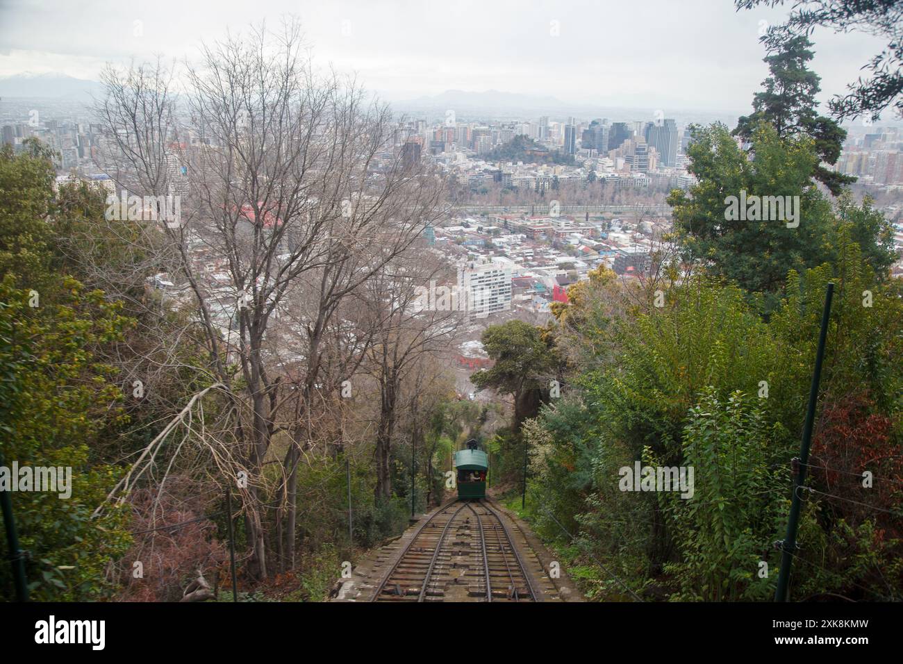 The historic cerro de san cristobal funicular climbing uphill, Santiago ...