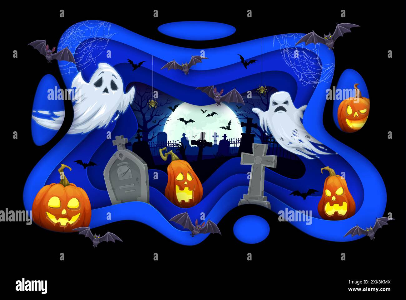 Halloween paper cut greetings card with scary ghosts, pumpkins and ...