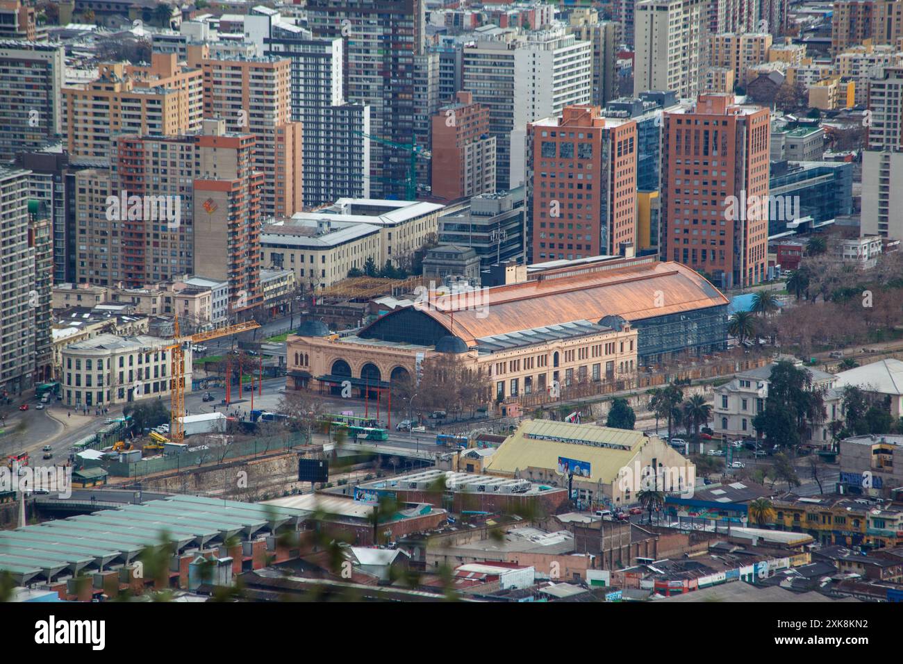 A view from above from Cerro San Cristobal of the city of Santiago de ...