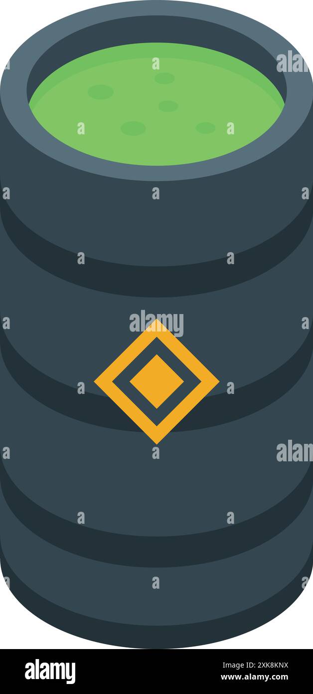 Black metal barrel containing hazardous green bubbling liquid, concept ...
