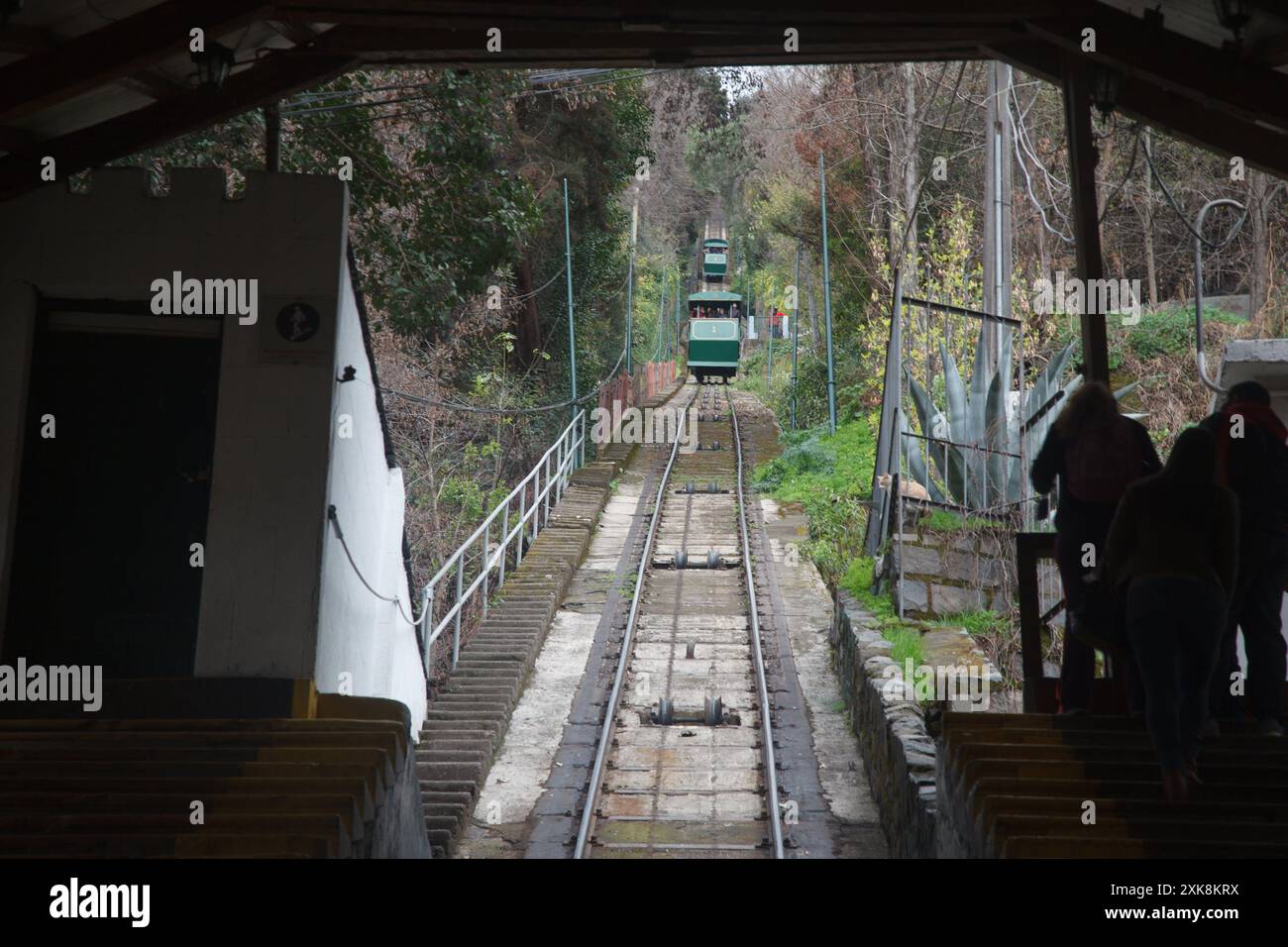 The historic cerro de san cristobal funicular climbing uphill, Santiago ...