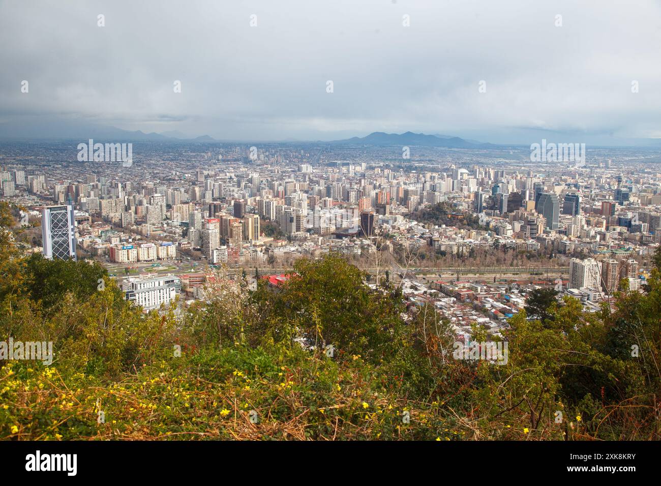 A view from above from Cerro San Cristobal of the city of Santiago de ...