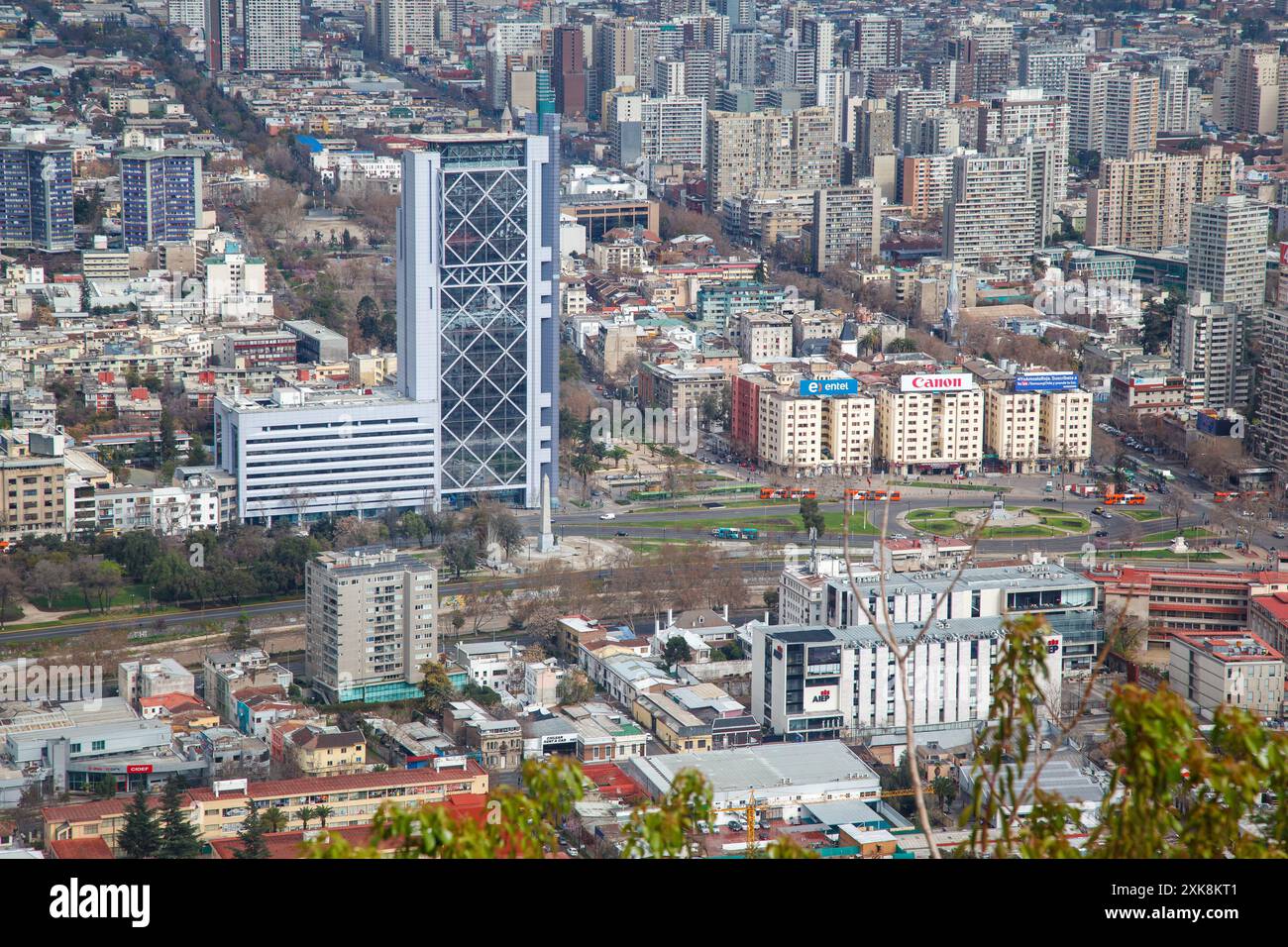 A view from above from Cerro San Cristobal of the city of Santiago de ...