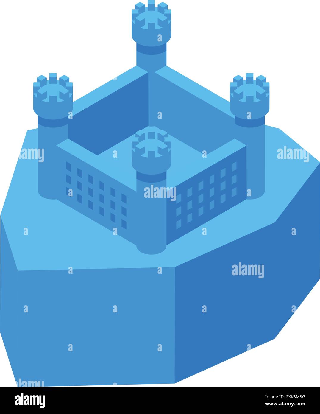 Blue isometric medieval castle standing on rock platform is a simple 3d ...