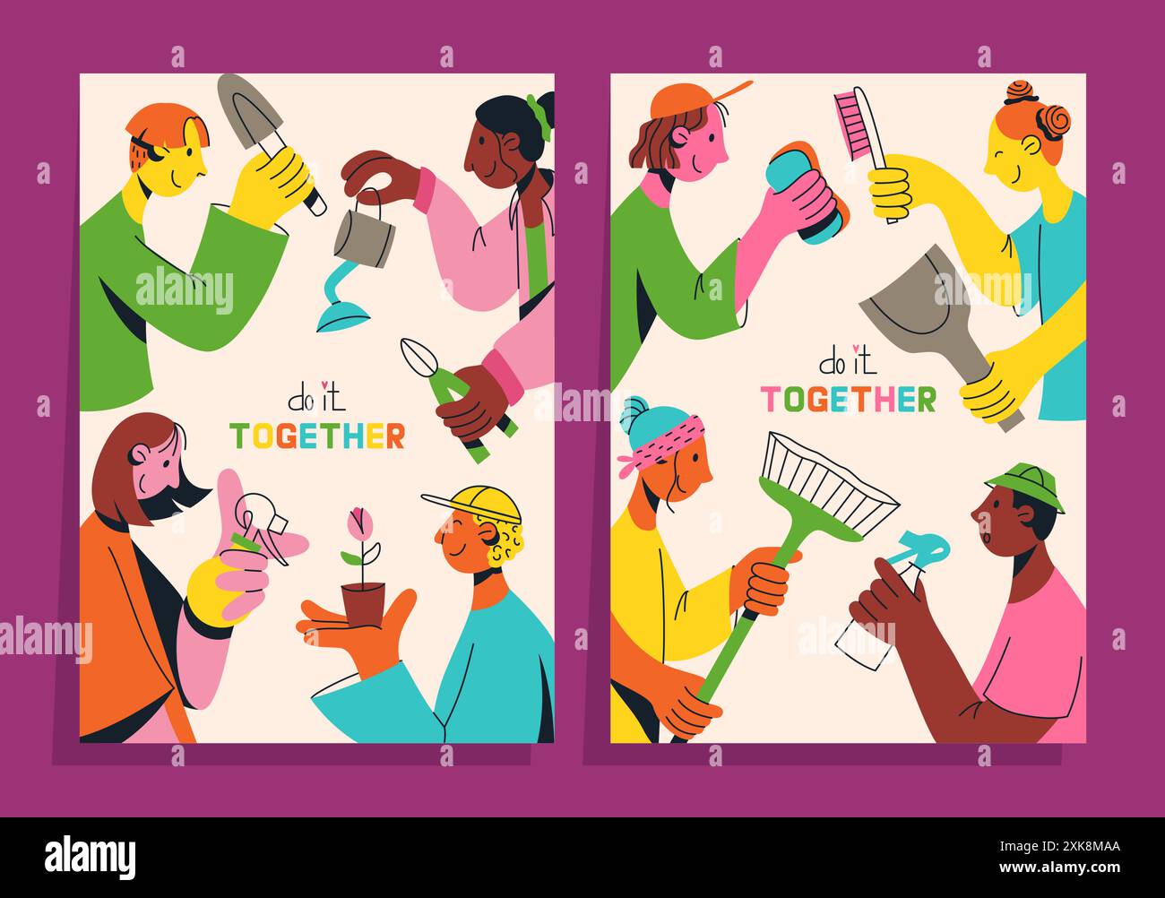 Set of posters with multicultural team of young people flat vector ...