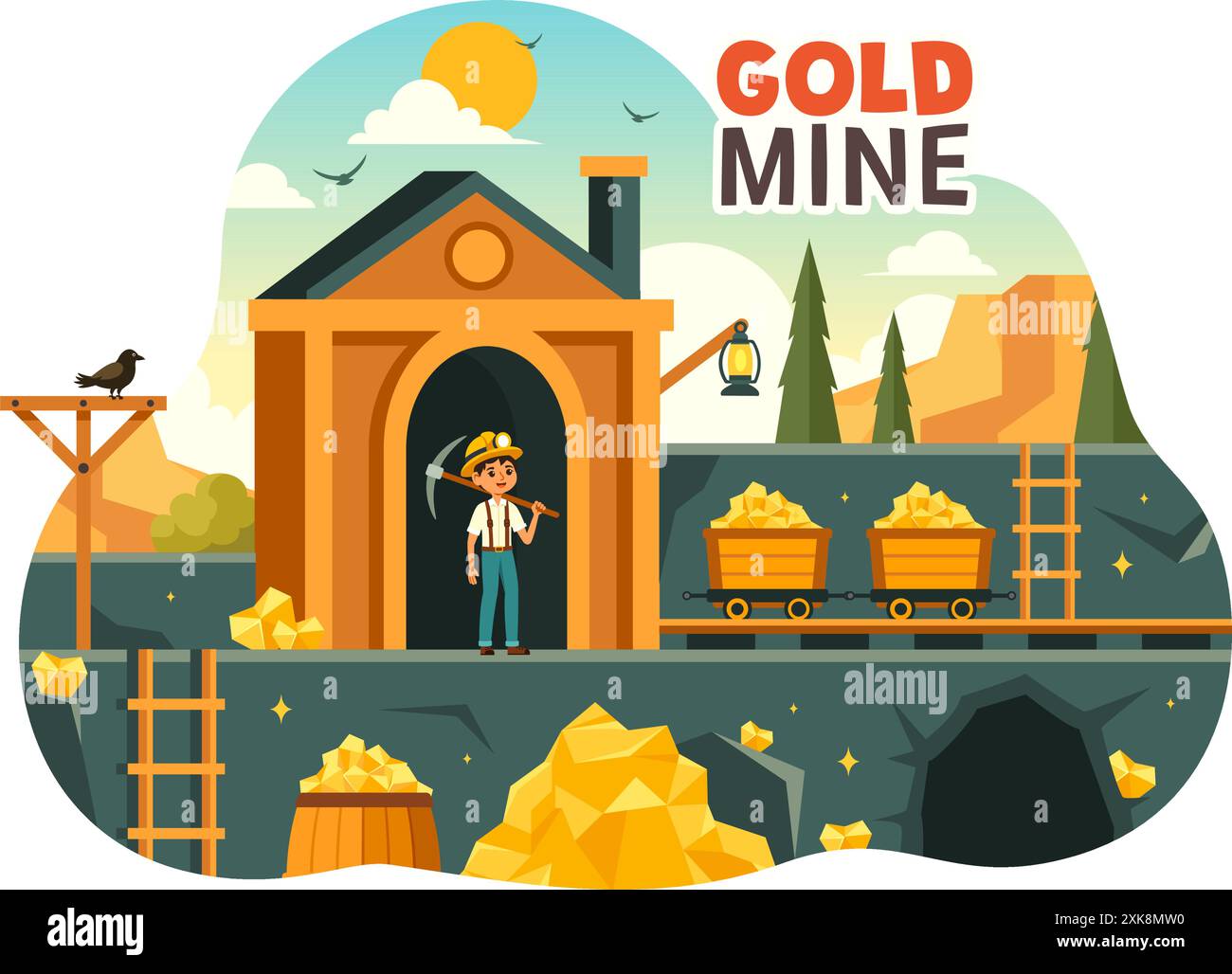 Gold Mine Vector Illustration with Mining Industry Activity Featuring Treasure, Piles of Coins ...