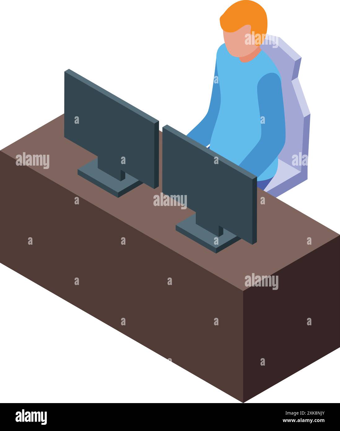 Young man is programming, sitting on an ergonomic chair, using a ...