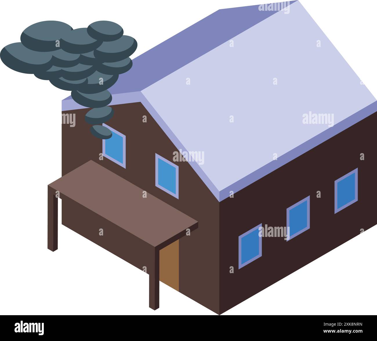 Small residential house with smoke billowing from its roof, depicting a ...