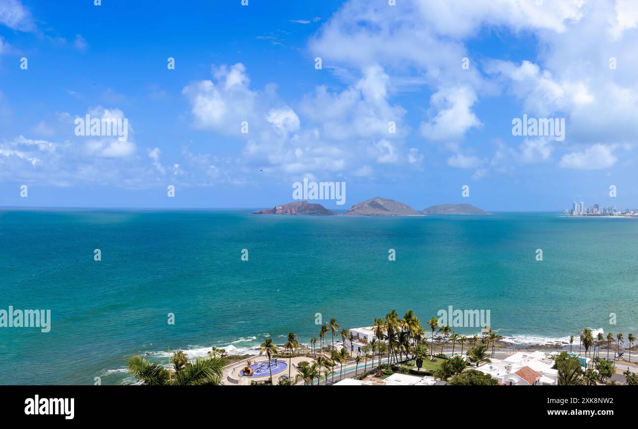 Mexico. Scenic skyline and panoramic view of Mazatlan Malecon. Ocean ...