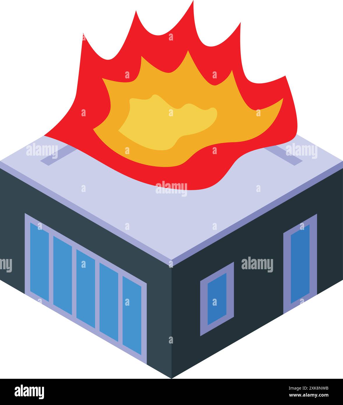 Isometric illustration representing a building on fire with big flames ...