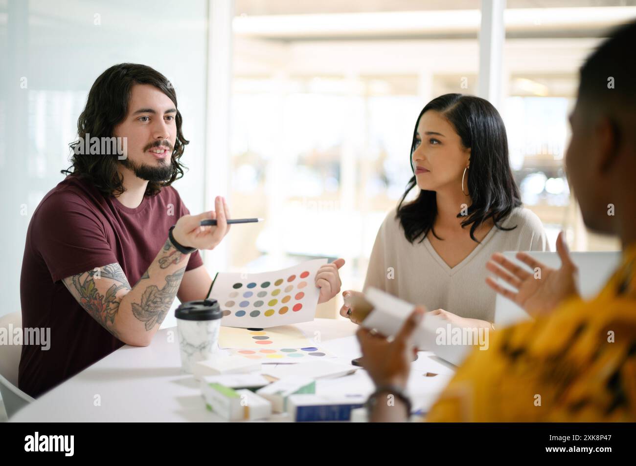 Creative people, meeting and palette with discussion for design ...