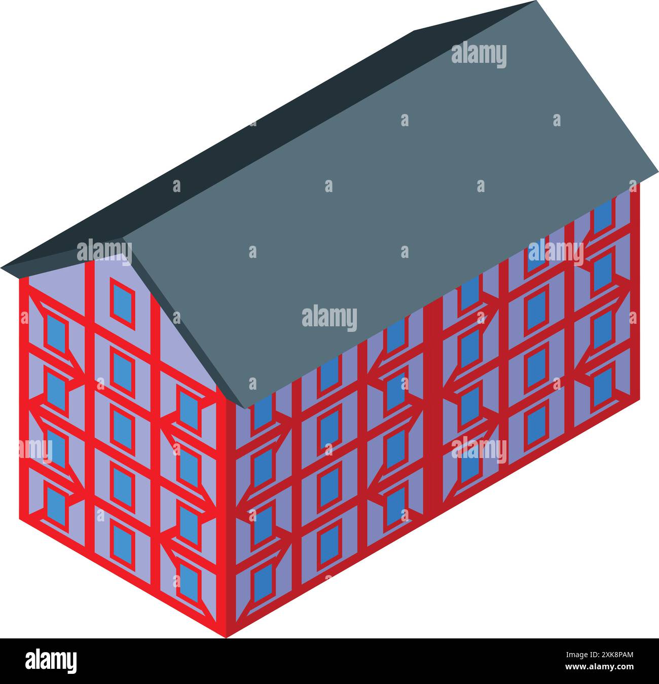 Isometric building with timber framing and windows, creating a cozy and ...