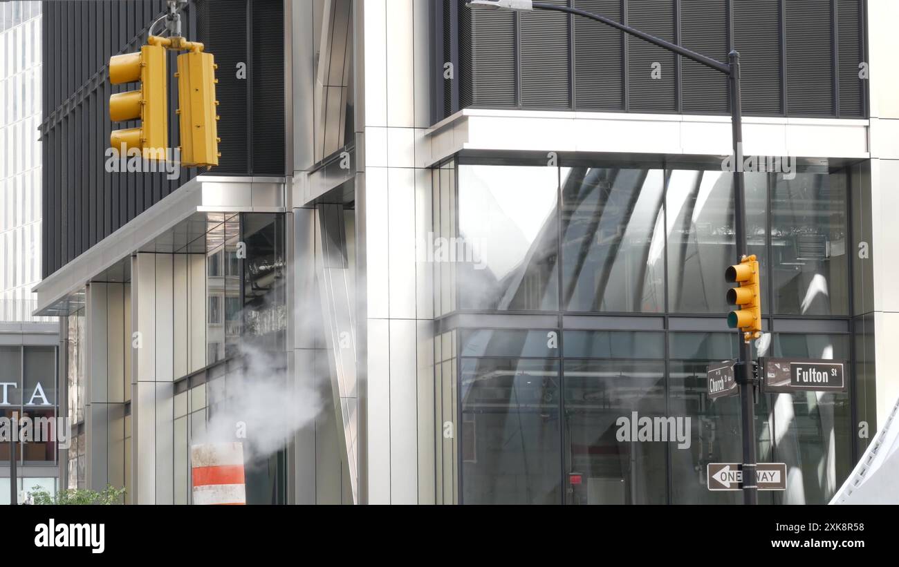 Steam vapor vented, New York City Church, Fulton street, orange vapour ...