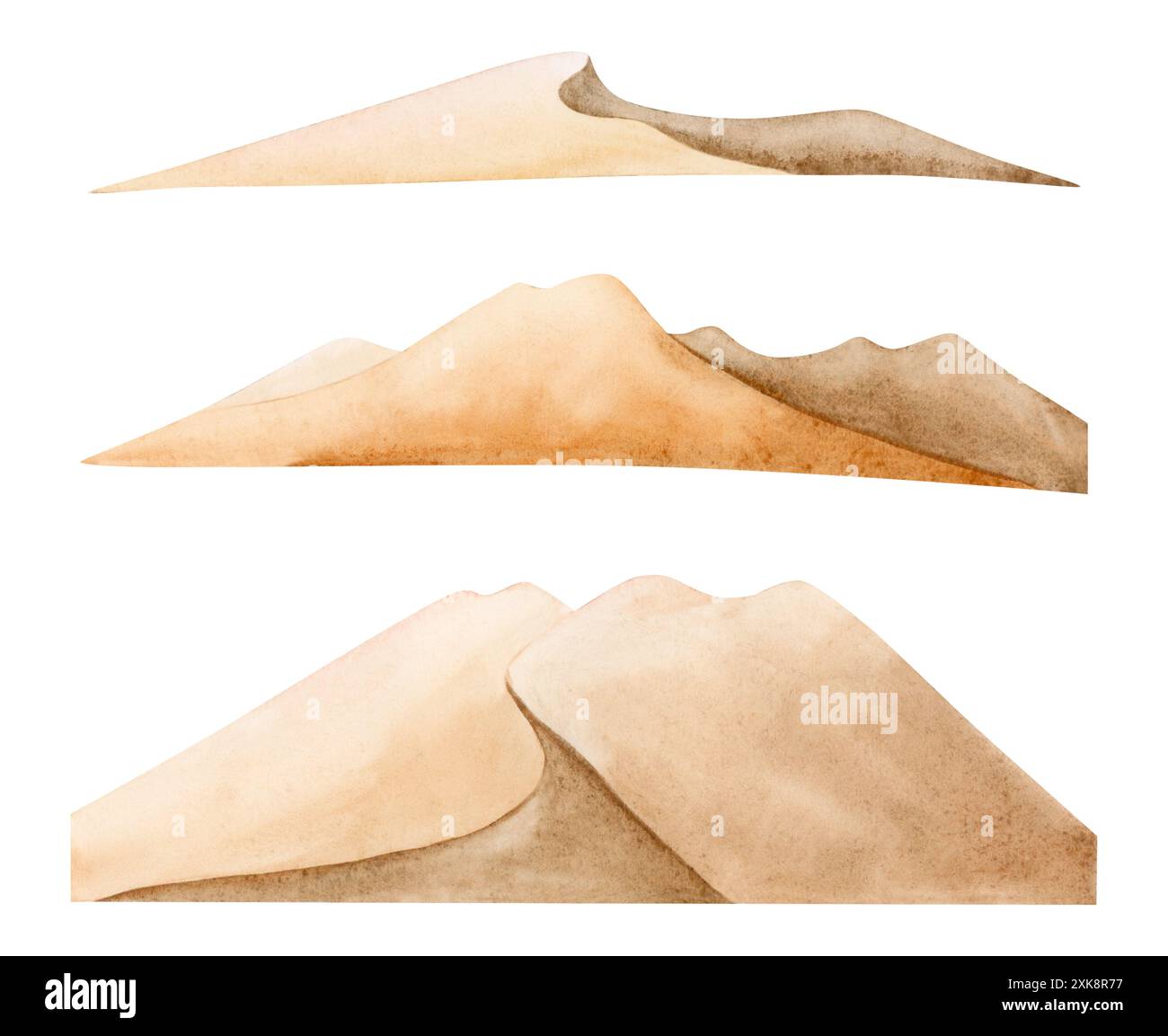 Watercolor sand dunes in desert landscape illustration set. Simple ...
