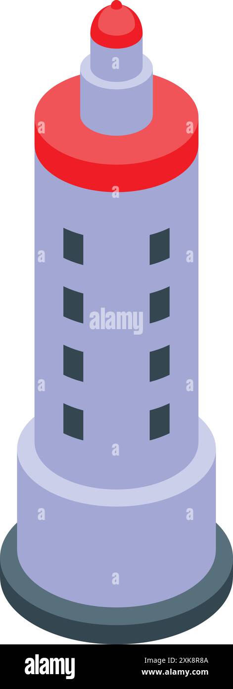 Isometric icon of a tall lighthouse with a red top, guiding ships at ...