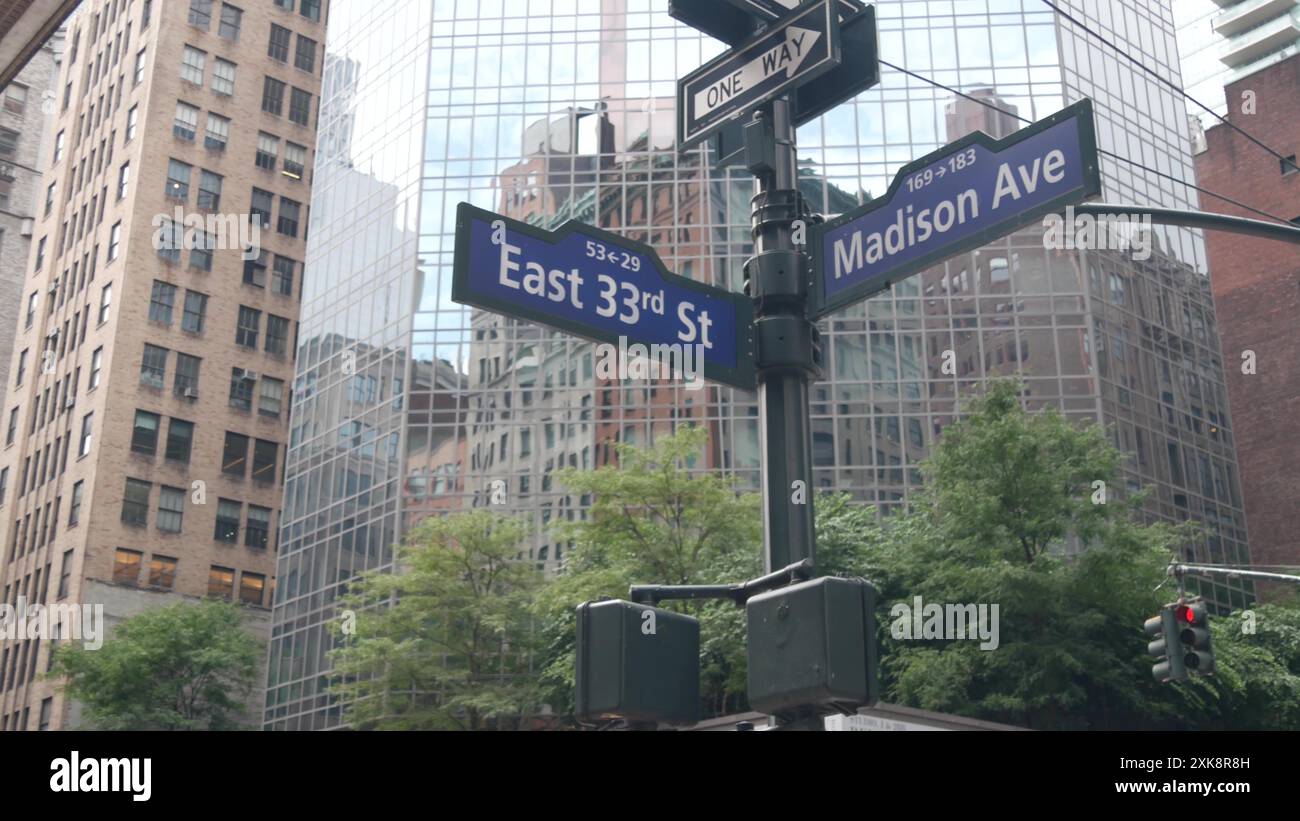 New York City crossroad, Manhattan corner, Madison avenue, street ...