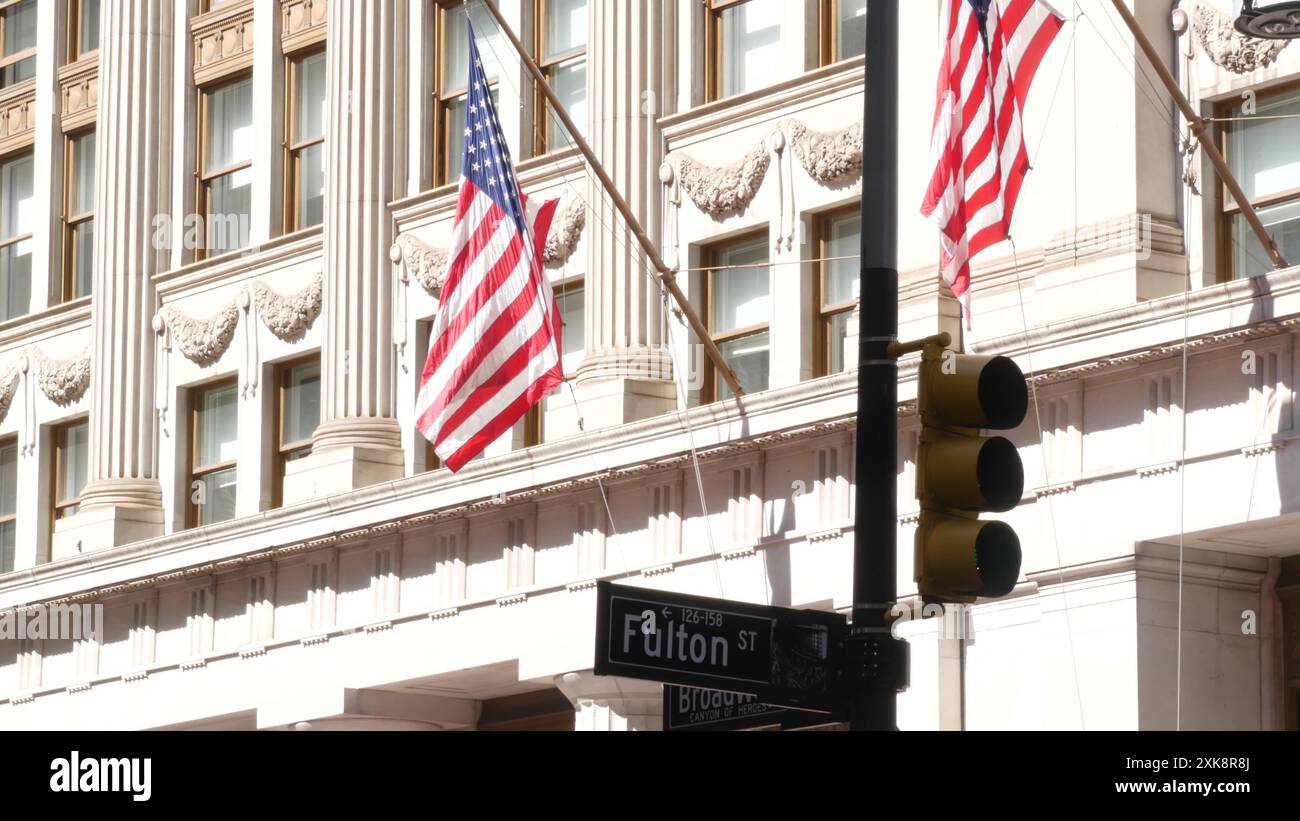 New York City crossroad, Fulton street intersection road sign ...