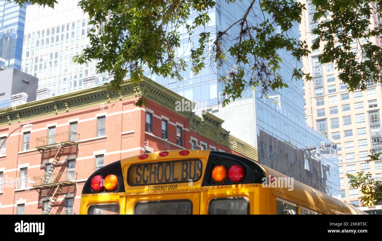 Yellow School Bus on New York Manhattan street, schoolbus truck on city ...