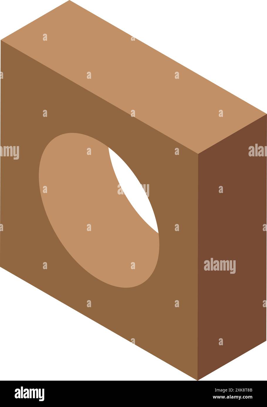 Brown cube showing a circular hole in isometric view, simple geometric ...