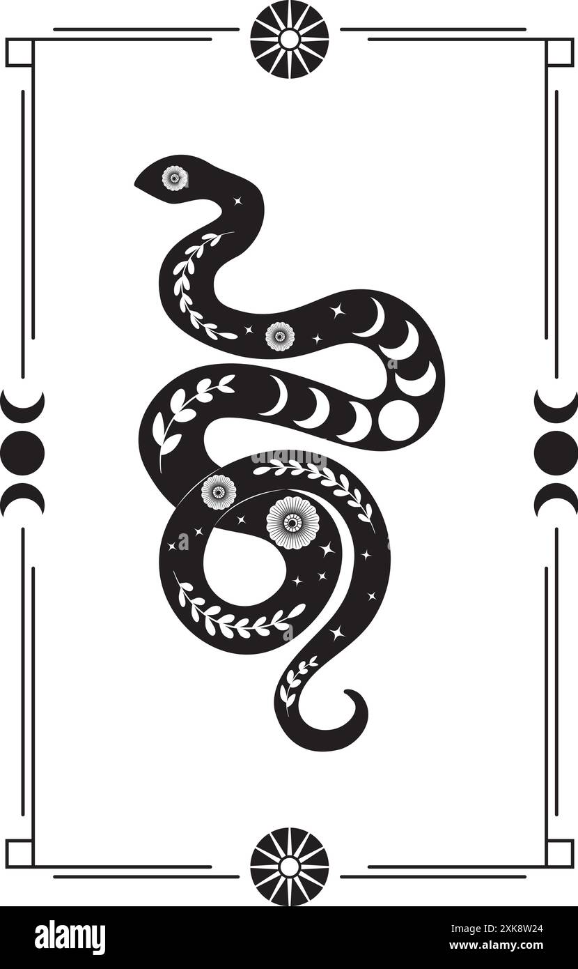 Rectangular frame with decorative floral snake in retro style. Abstract ...