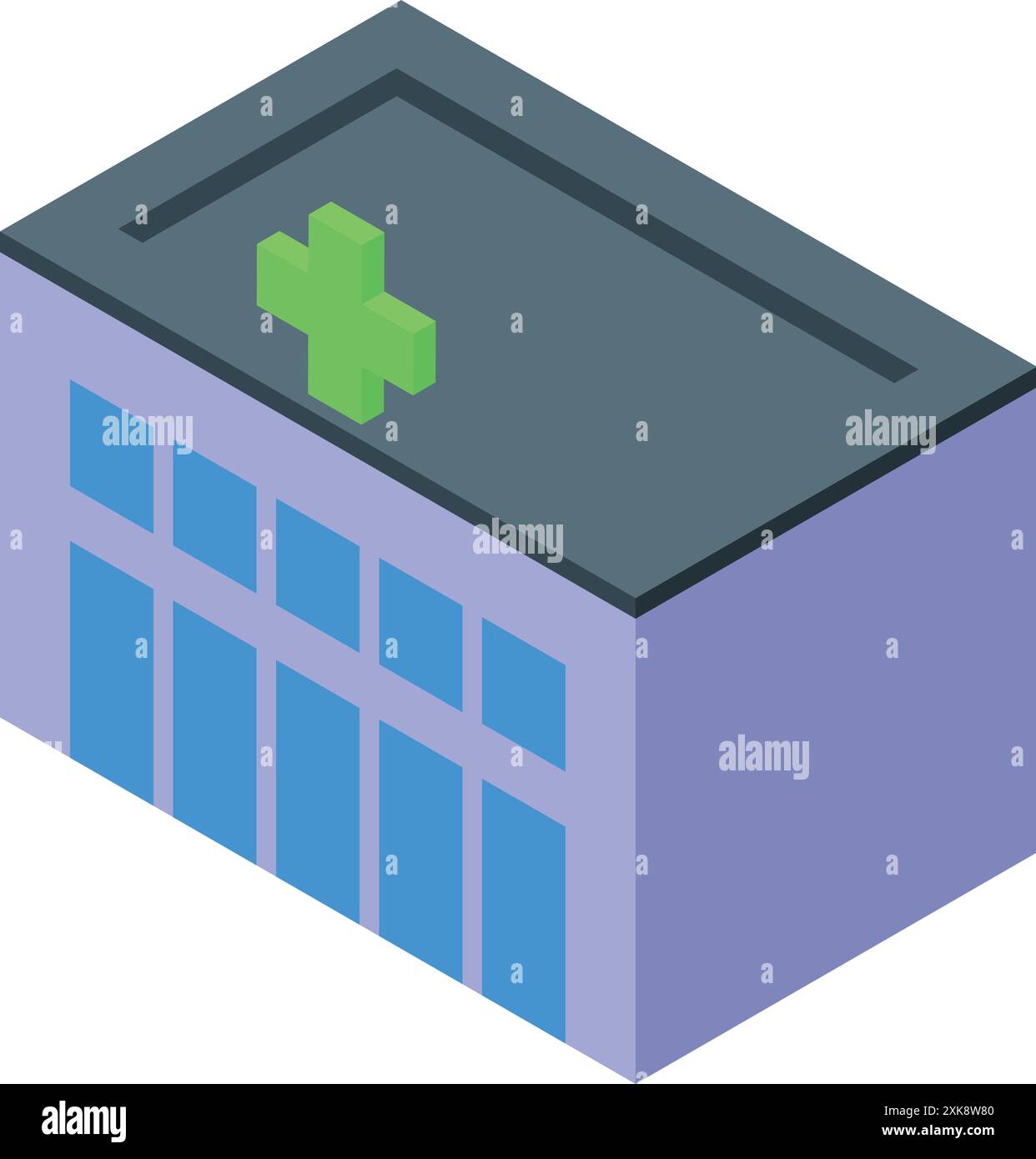 Isometric hospital building with a green cross on the rooftop ...